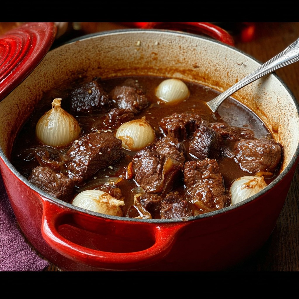Bœuf mijoté aux oignons confits : un plat rustique et fondant à souhait ...
